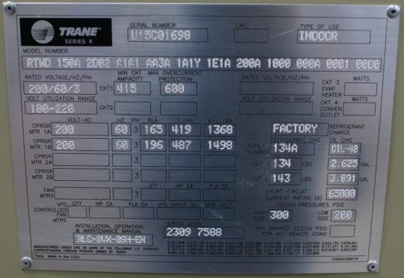 New Trane 150 ton water-cooled chiller 2015_ Data Plate 1 - Surplus Group