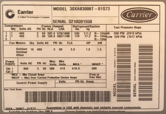 Used Carrier 300 ton air-cooled chiller 2010_ Data Plate 1 - Surplus Group