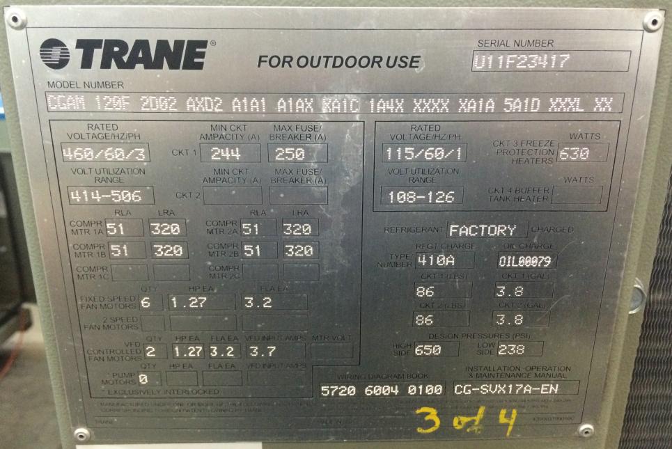 Used Trane 120 ton air-cooled chiller 2011_ Data Plate 1 - Surplus Group