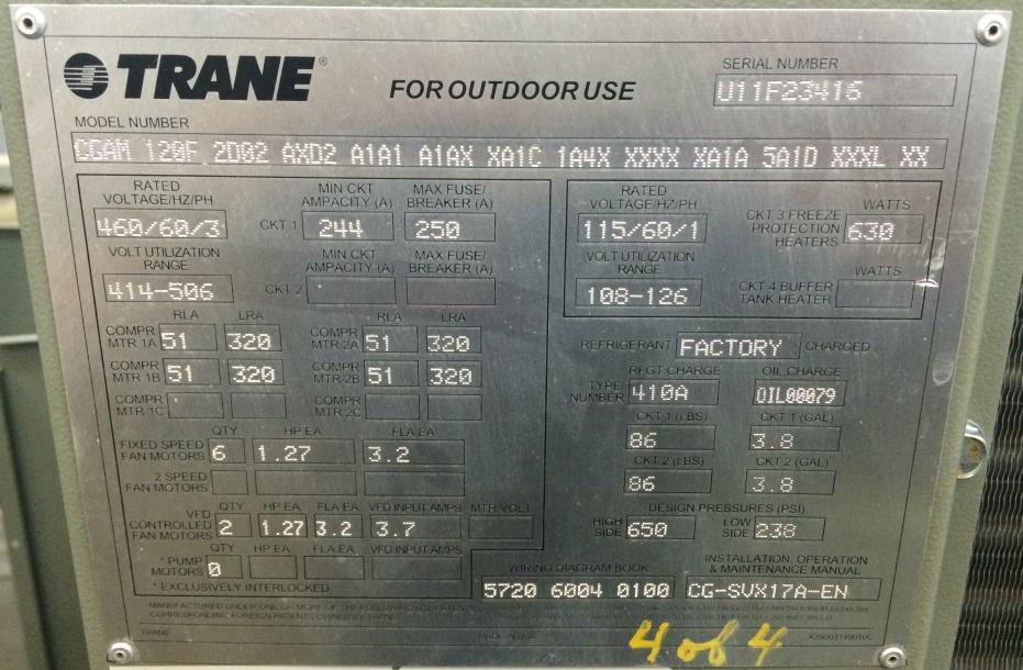 Used Trane 120 ton air-cooled chiller 2011_ Data Plate 1 - Surplus Group