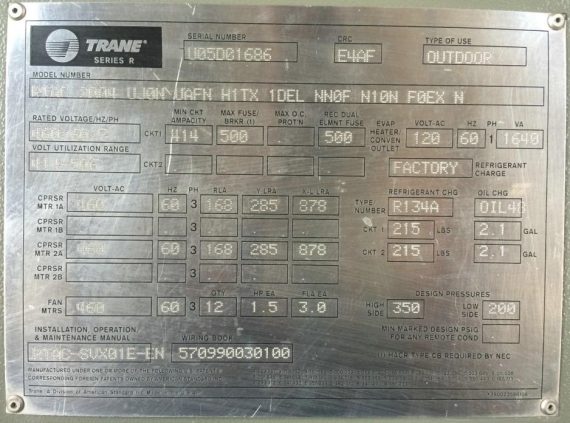 Used Trane 200 ton air-cooled chiller 2005_ Data Plate 1 - Surplus Group