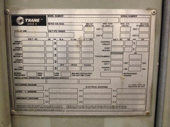 Used Trane air-cooled chiller 90 tons 2003_ Data Plate 1 - Surplus Group