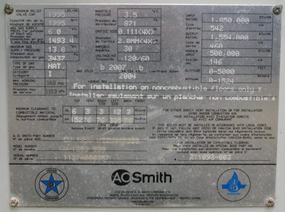 Used ao smith 1850000 btu boiler 2011 data plate 1 - Surplus Group
